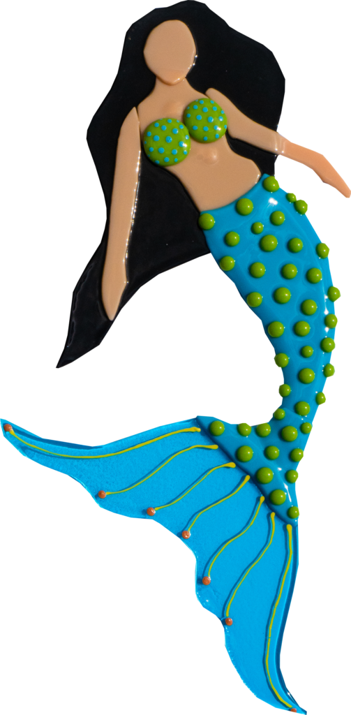 Mermaid- Large – Black Hair/Red Tail – Charlene Heilman Fused-Glass Art